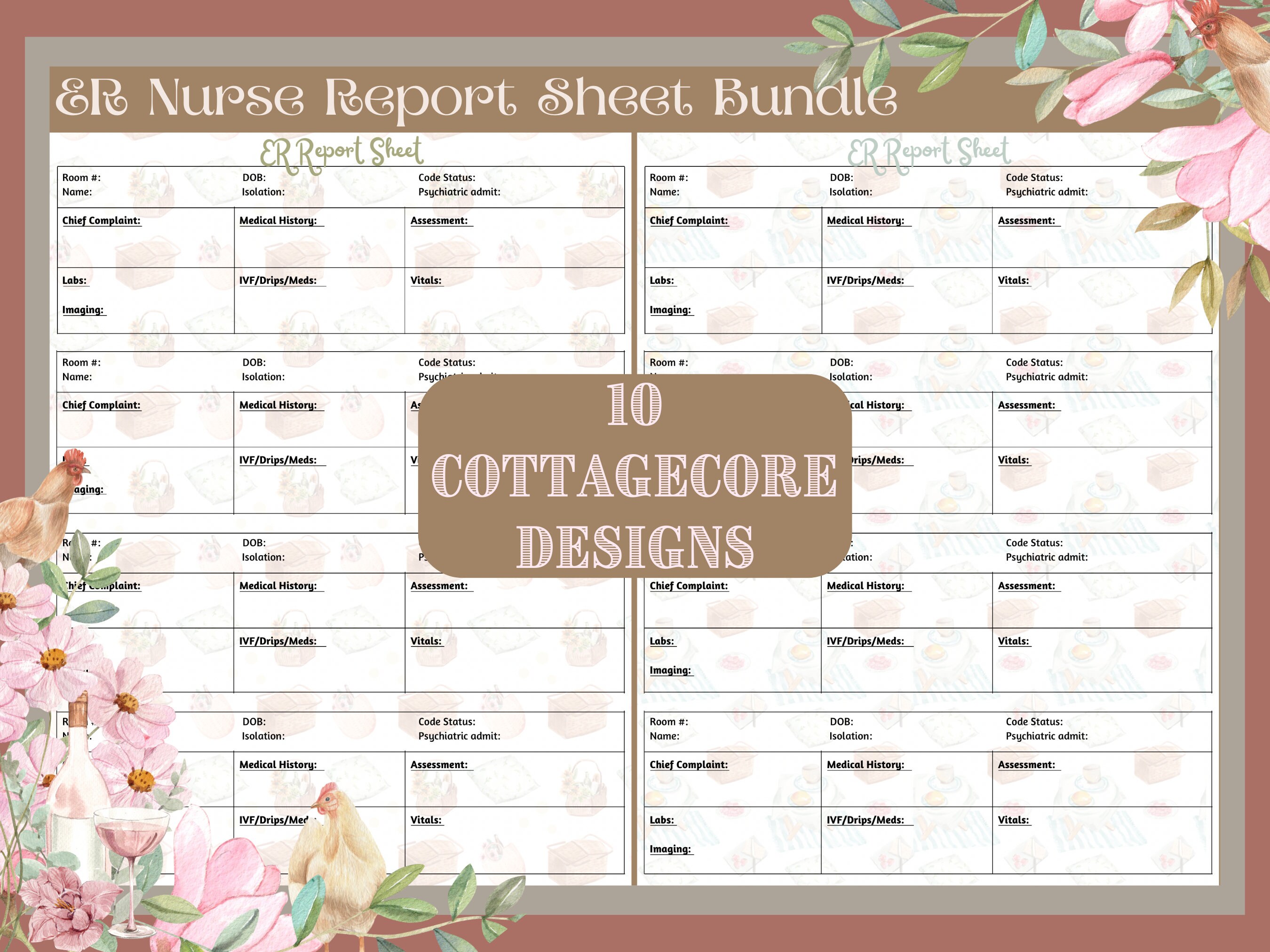 4 Patient ER Nurse Report Sheet Bundle Cottagecore Nurse Report Nurse ...