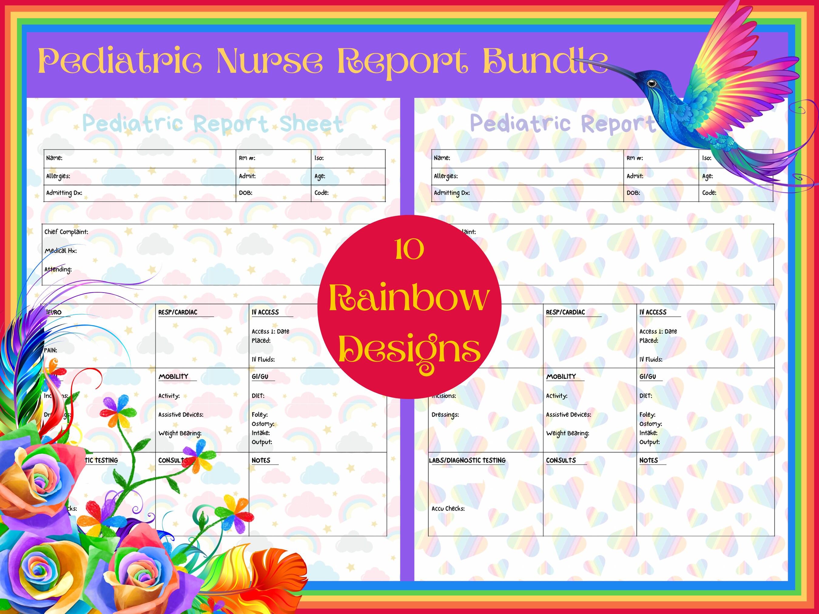 Pediatric Report Sheet Rainbow Bundle Nurse Report Nurse Brain ...
