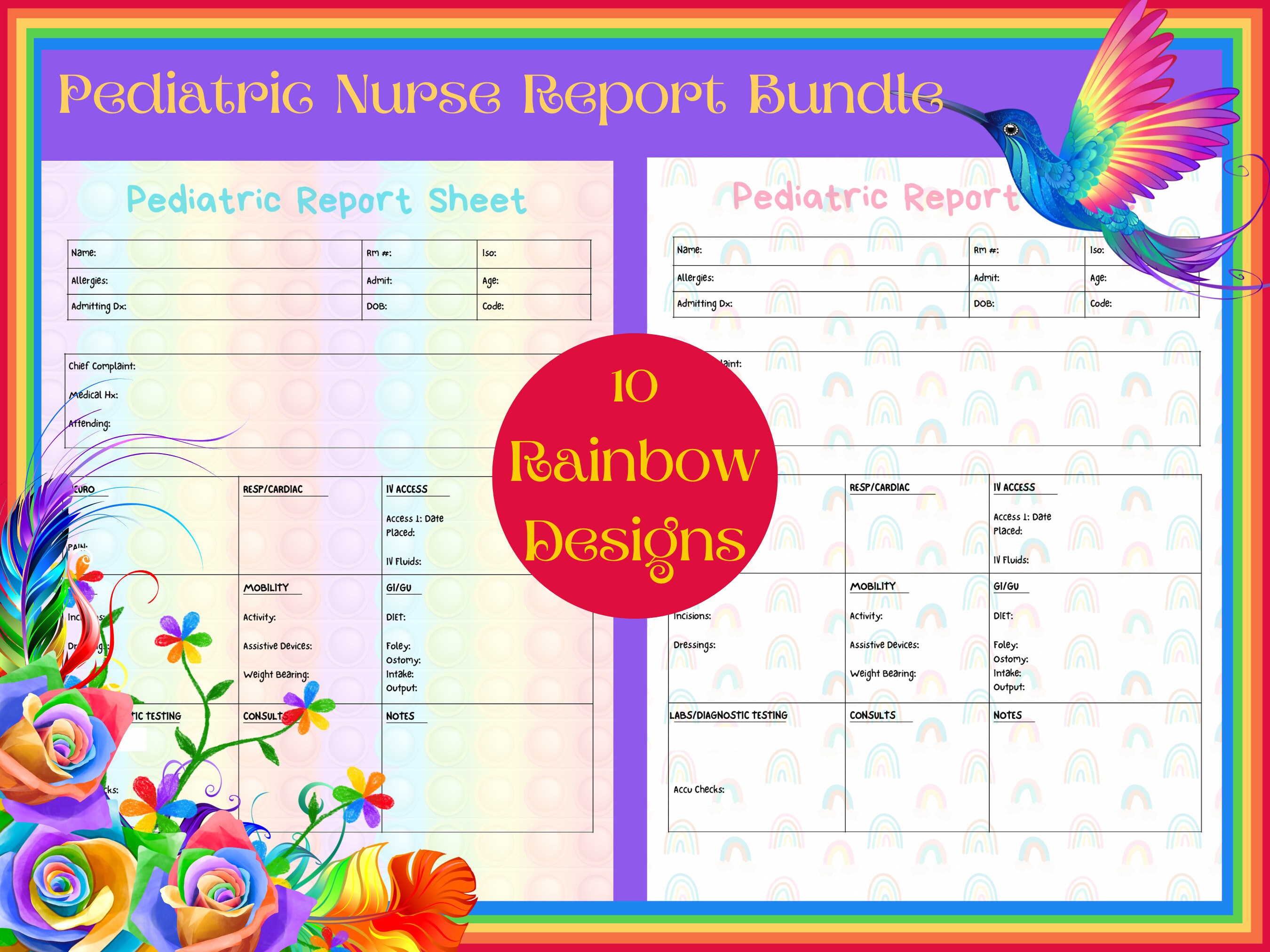 Pediatric Report Sheet Rainbow Bundle | Nurse Report | Nurse Brain ...