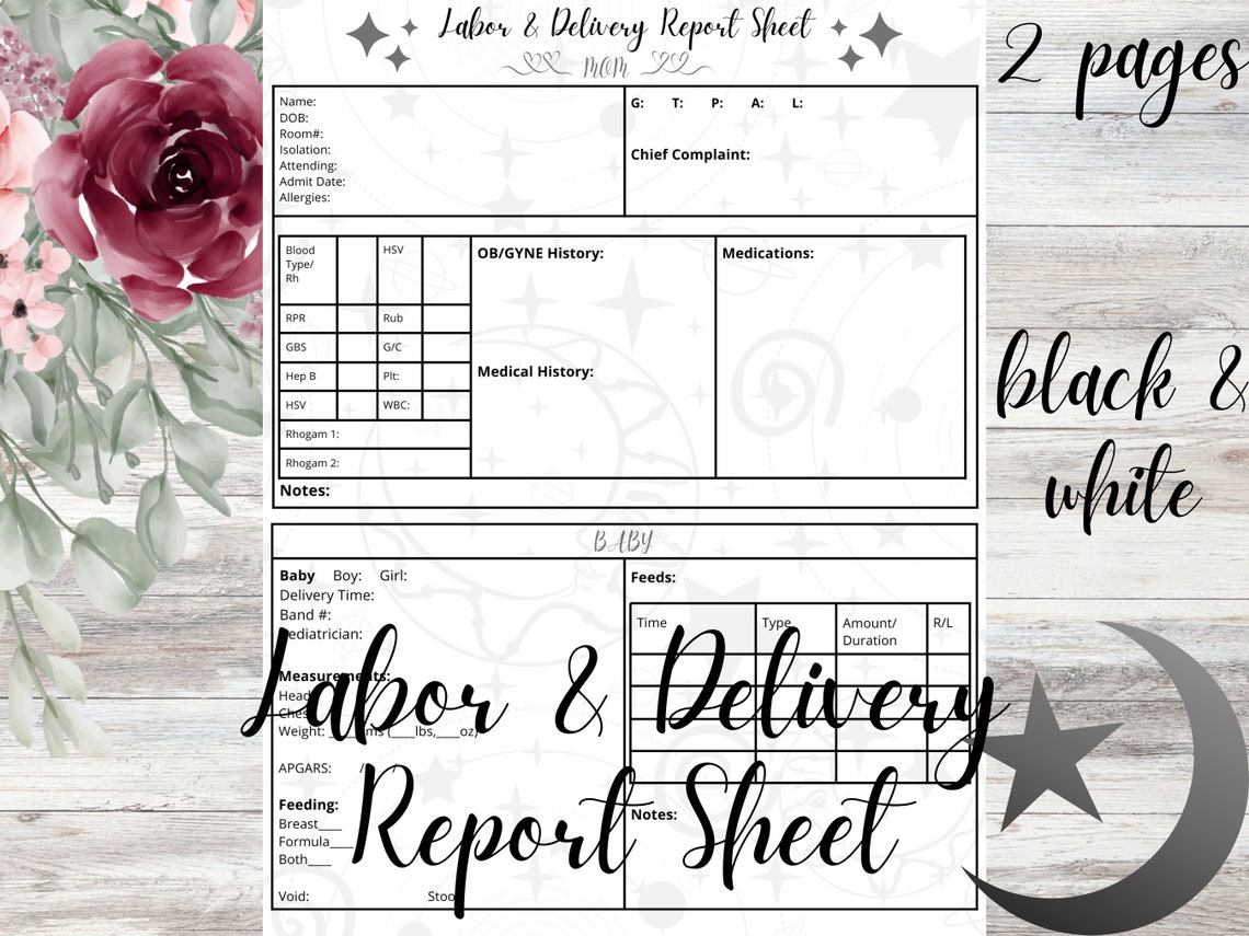 Labor and Delivery Report Sheet Black & White Moon Nurse Report Nurse ...