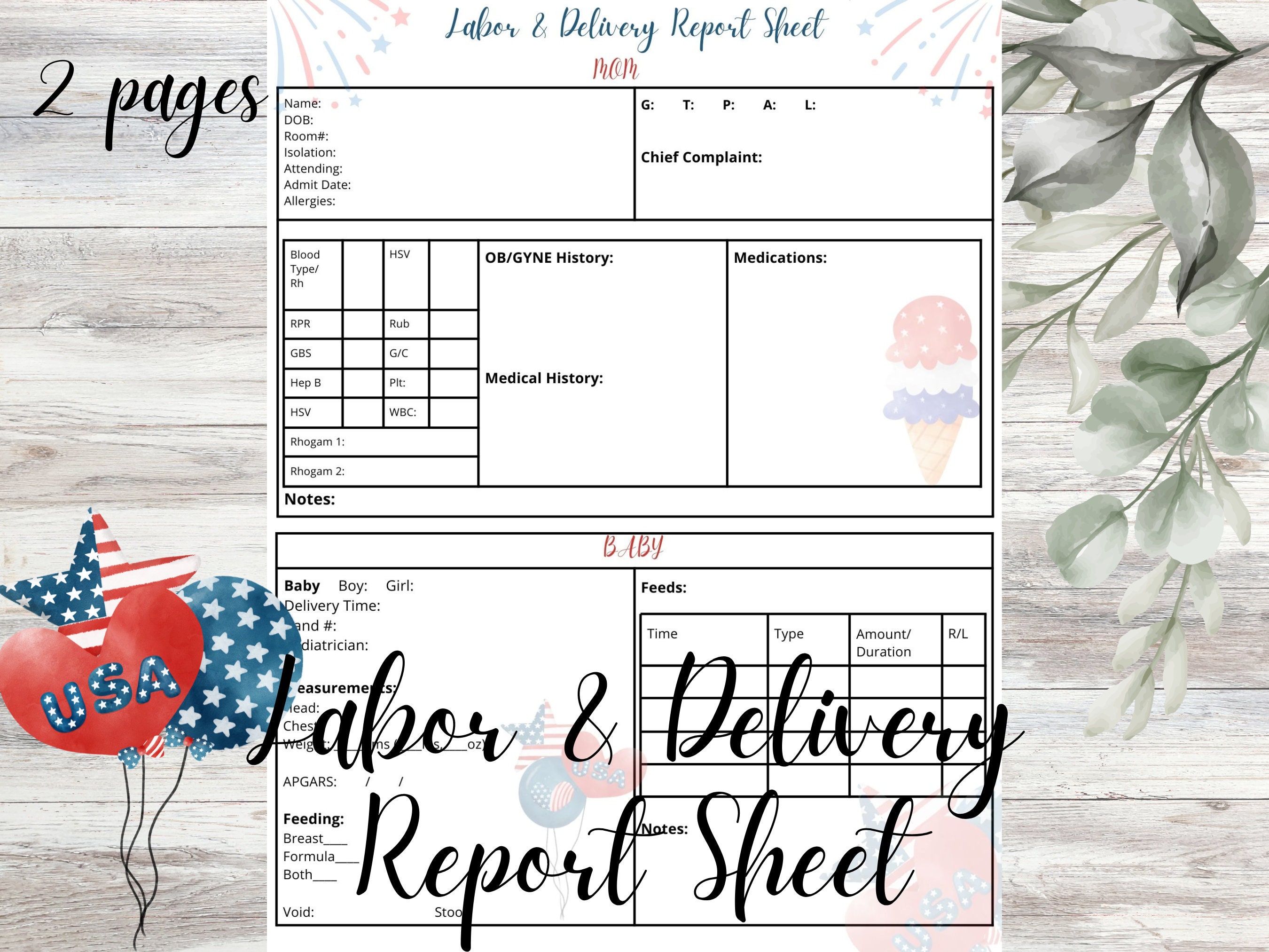 Patriotic Nurse Report Sheet | Labor & Delivery, Printable (digital ...