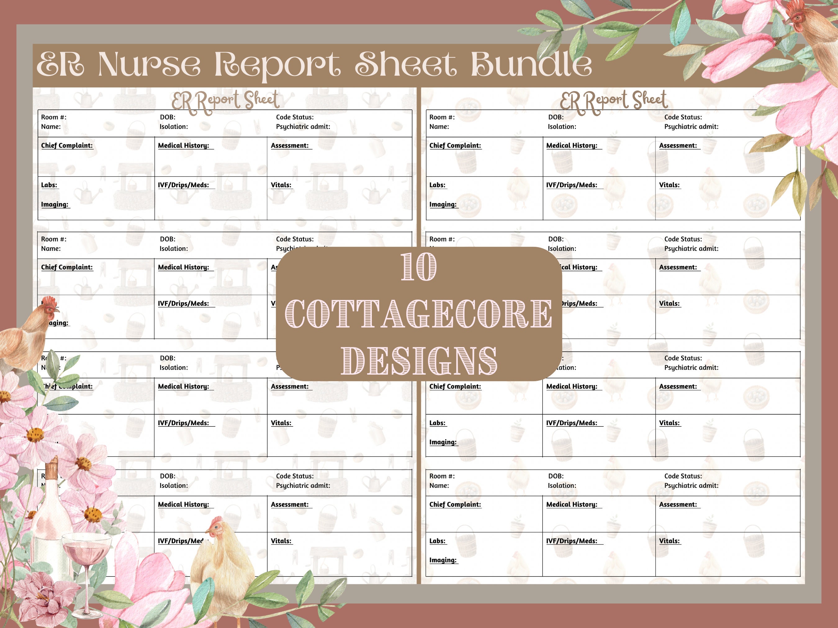 4 Patient ER Nurse Report Sheet Bundle Cottagecore Nurse Report Nurse ...