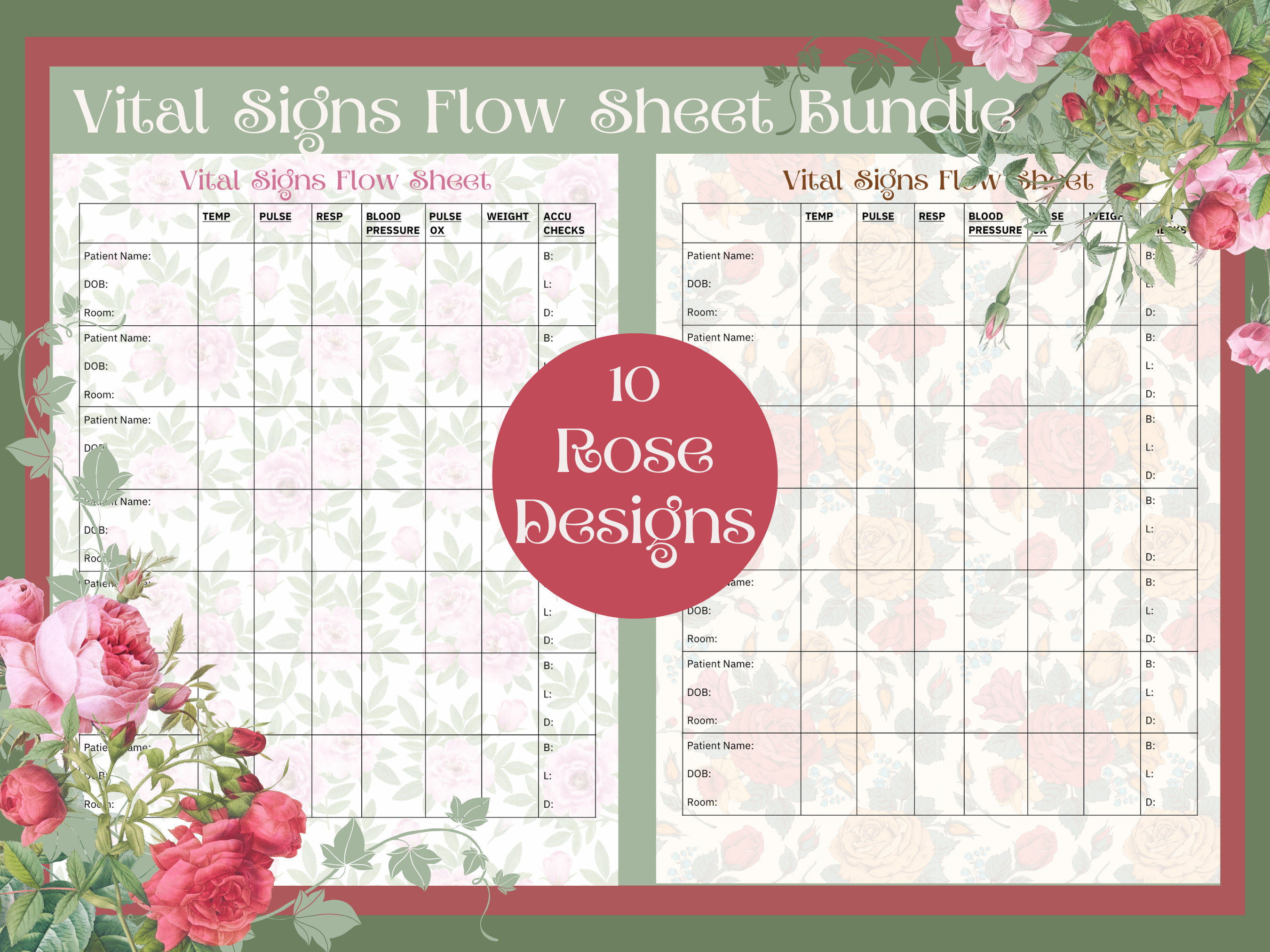 Vital Signs Flow Sheet Rose Bundle | 7 Patient | Vitals Documentation ...