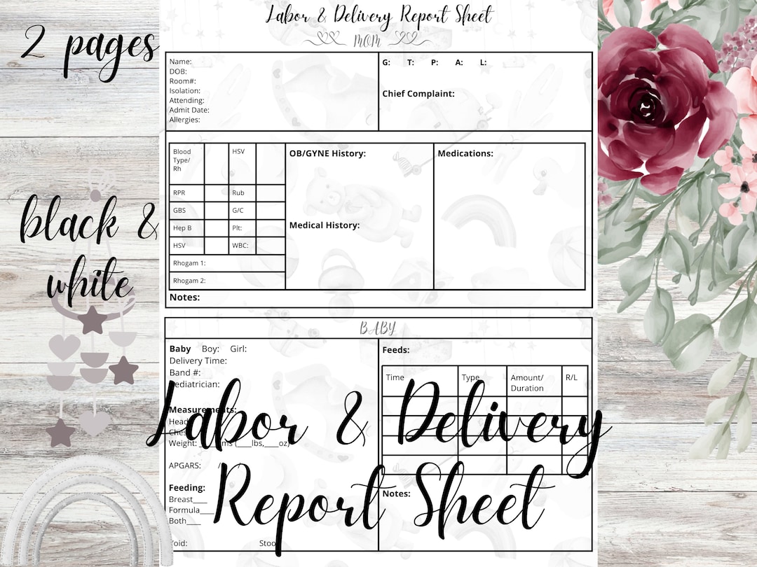 Labor and Delivery Report Sheet | Black & White Baby Nurse Report ...