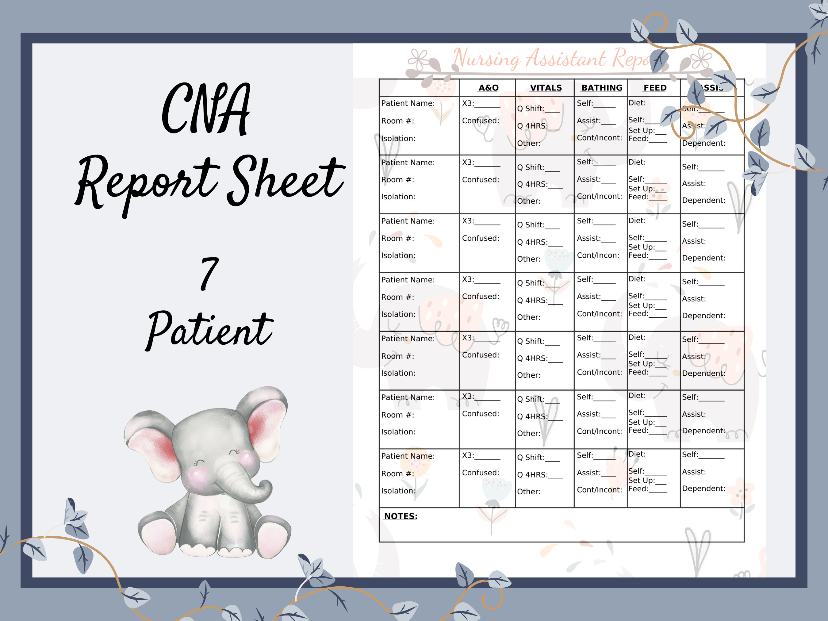 CNA Report Sheet | Elephant Nursing Assistant Report | CNA Brain ...