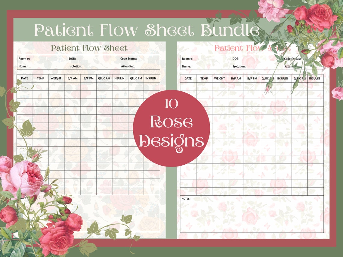 Patient Flow Sheet Bundle 10 Rose Designs 1 Patient Vitals Documentation Nurse Brain Printable ...