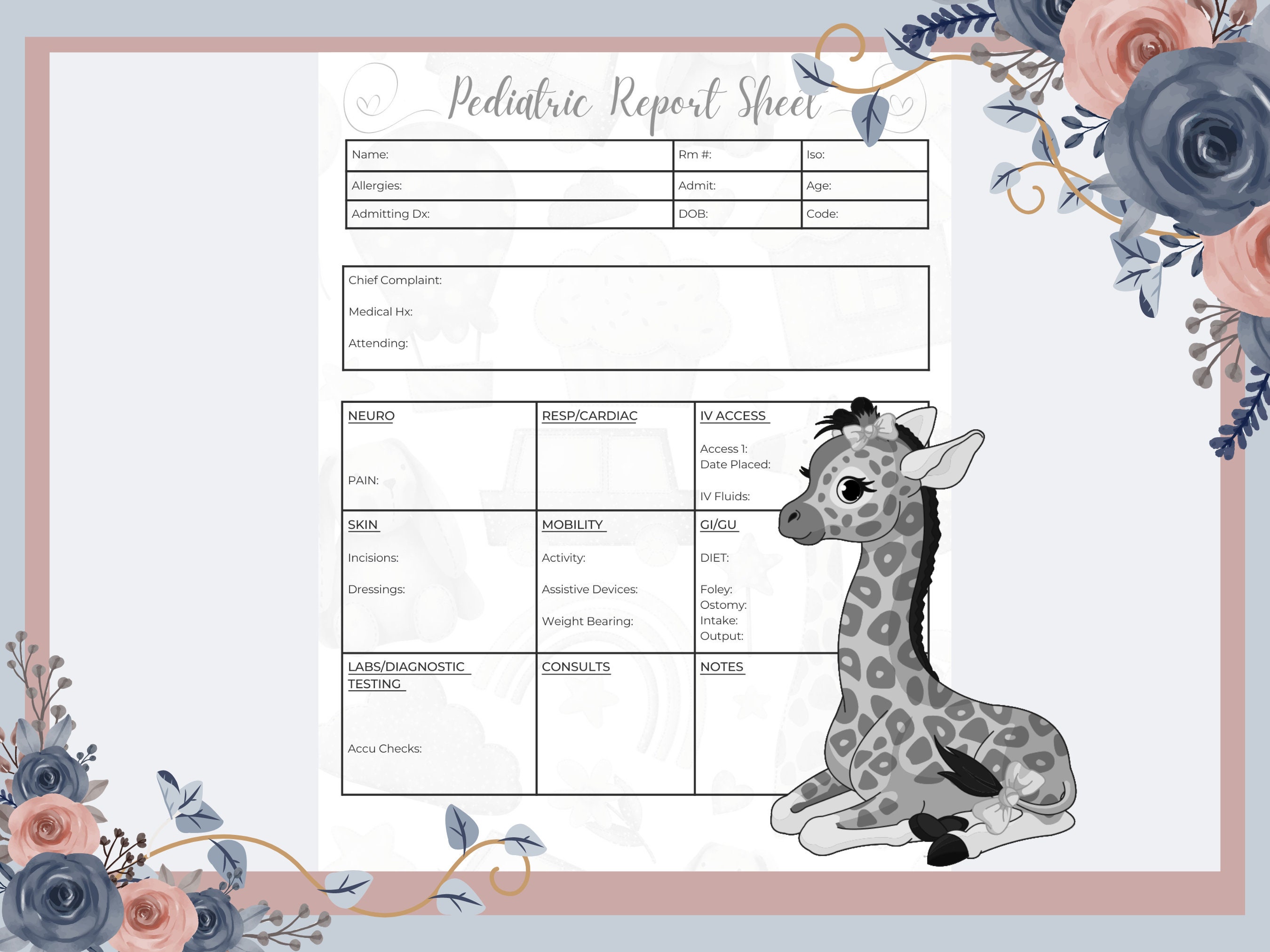 Pediatric Report Sheet | Children's Toy Black and White Nurse Report ...