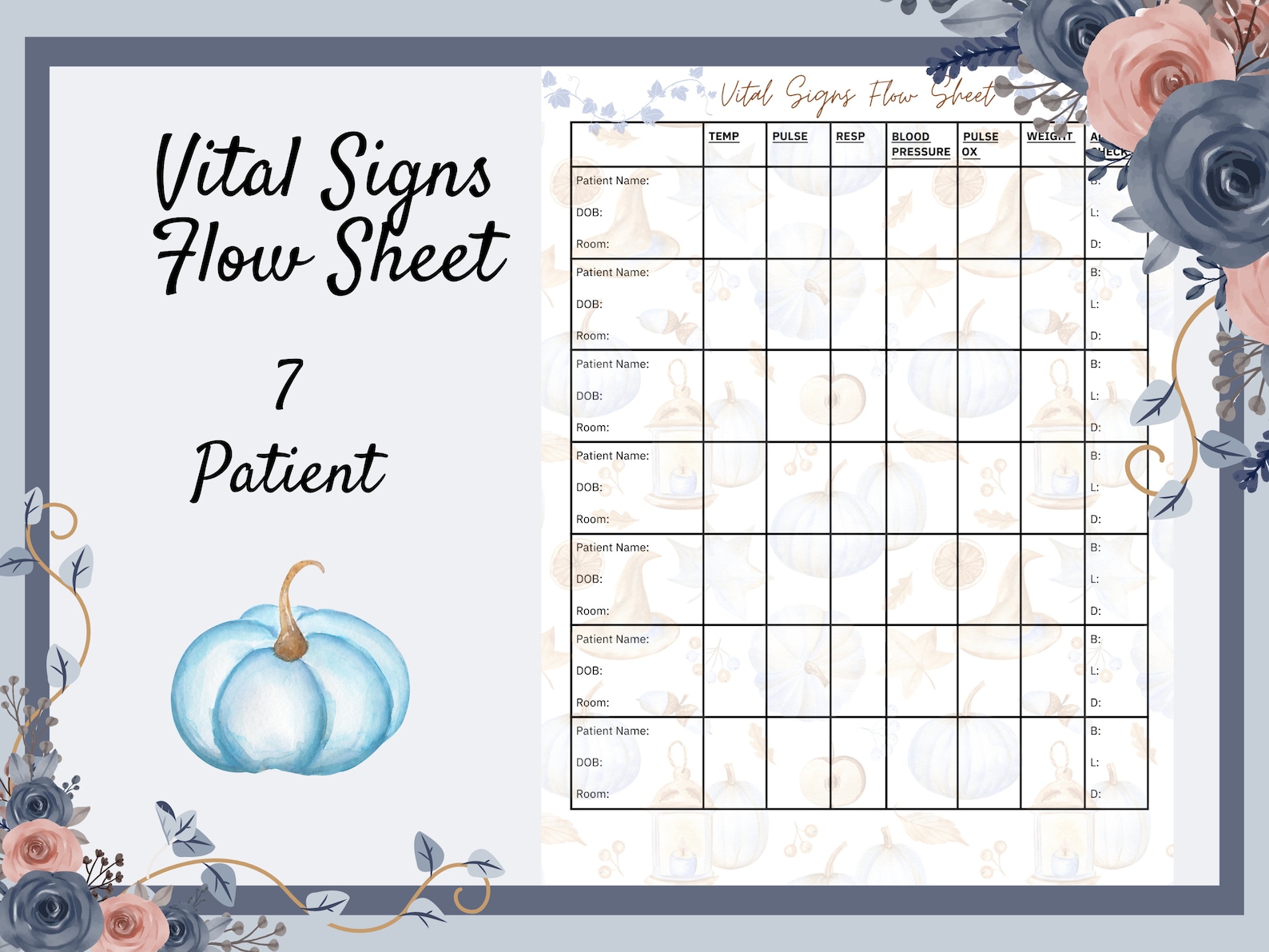 Vital Signs Flow Sheet | 7 Patient | Pastel Blue Pumpkin Vitals ...