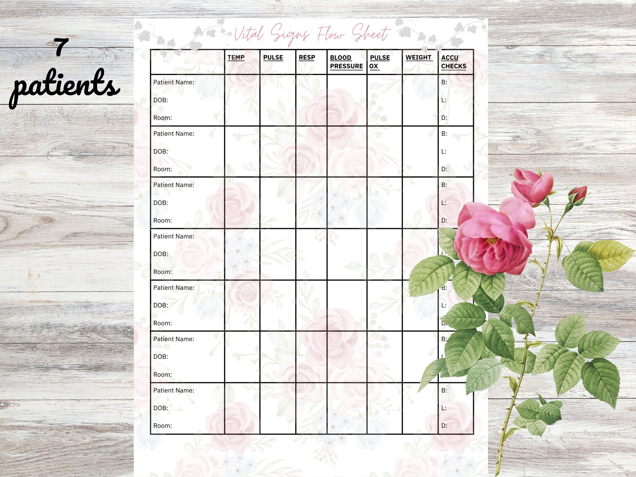 Vital Signs Flow Sheet | 7 Patient | Pink Rose Vitals Documentation ...