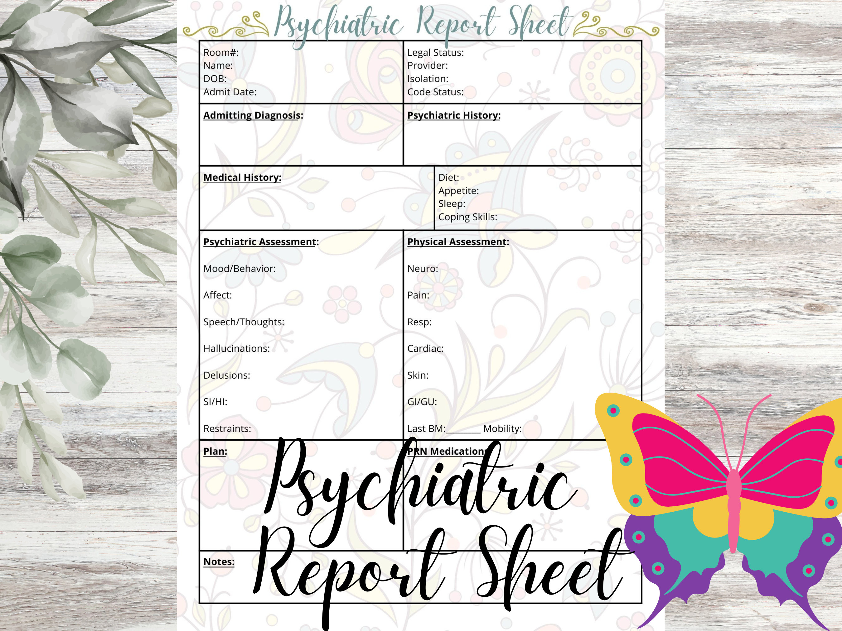 Psychiatric Report Sheet Colorful Butterfly Floral Nurse - Etsy
