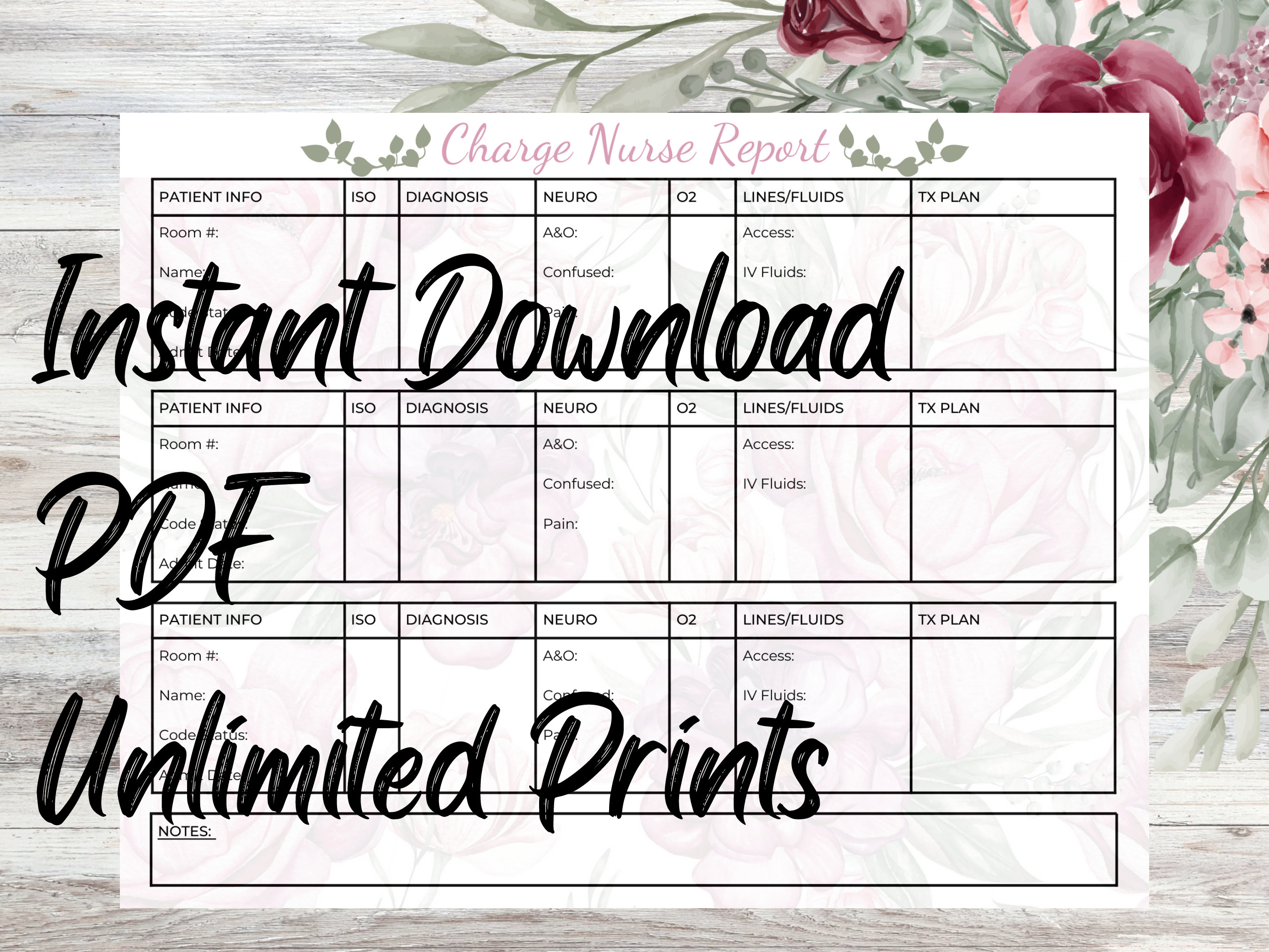 Charge Nurse Report Sheet | Vintage Rose Nurse Report | Nurse Brain ...