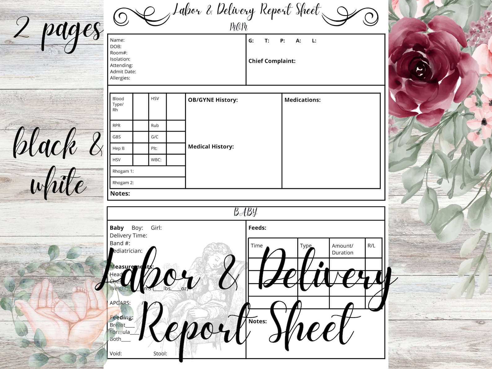 Labor and Delivery Report Sheet | Black and White Nurse Report | Nurse ...