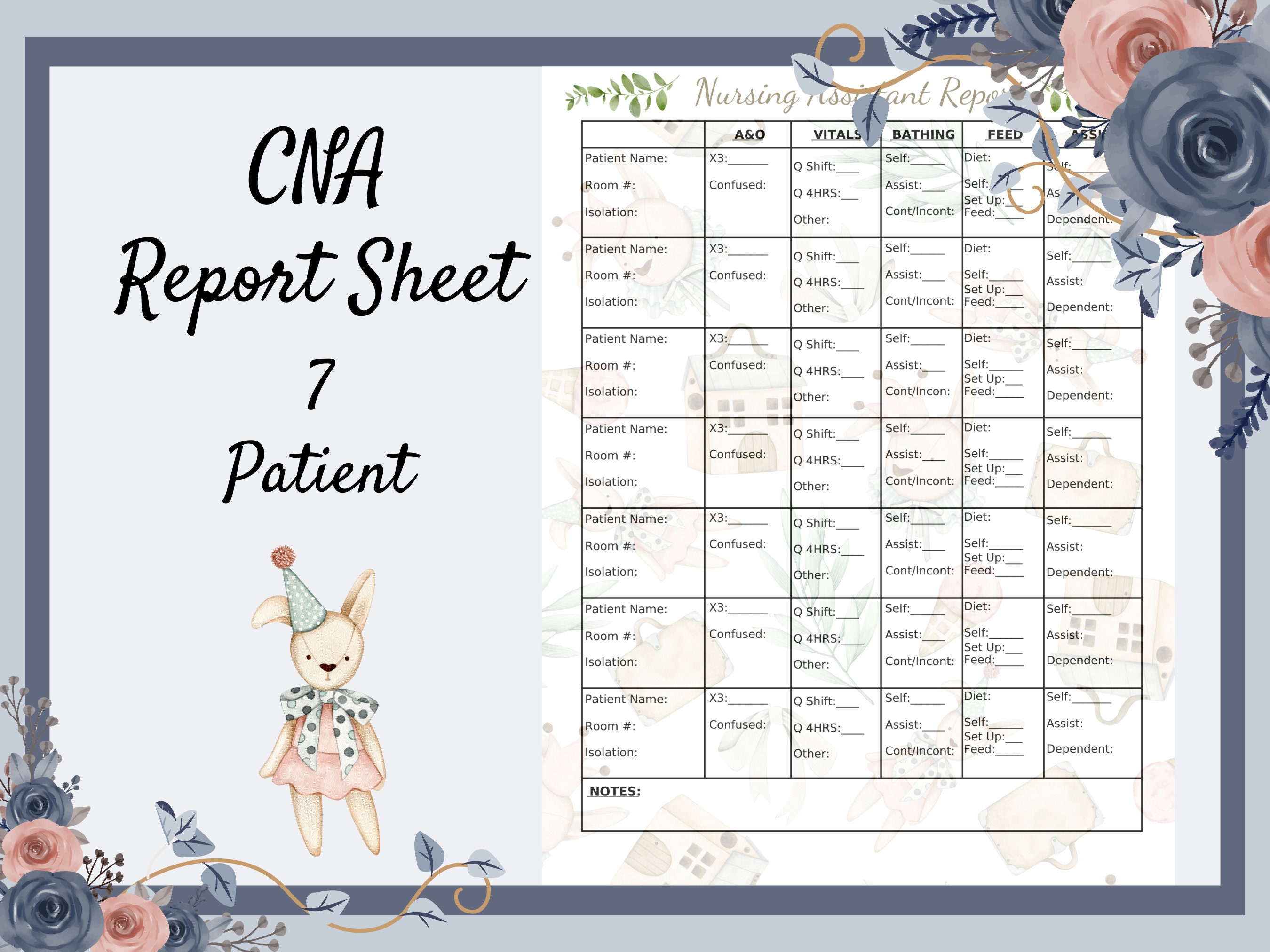 CNA Report Sheet | Bunny Nursing Assistant Report | CNA Brain ...