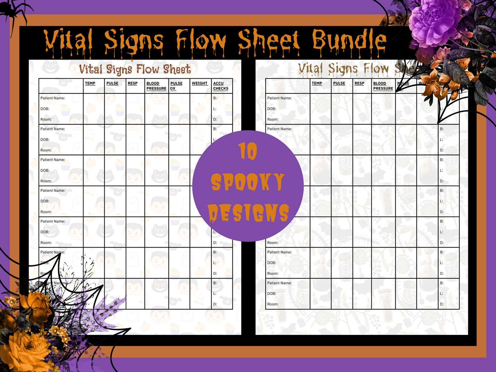 Vital Signs Flow Sheet Halloween Bundle | 7 Patient | Vitals ...