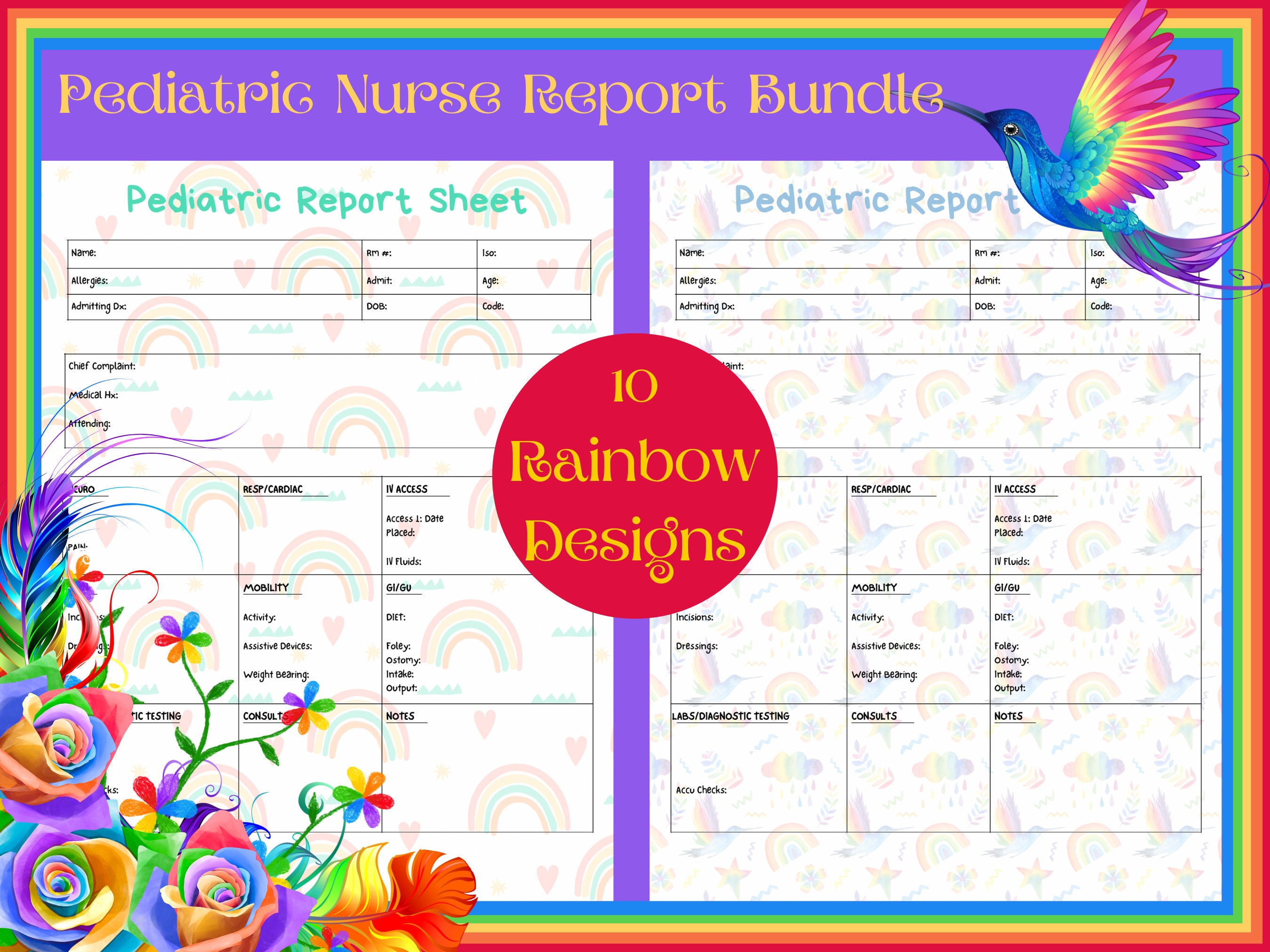 Pediatric Report Sheet Rainbow Bundle Nurse Report Nurse Brain ...