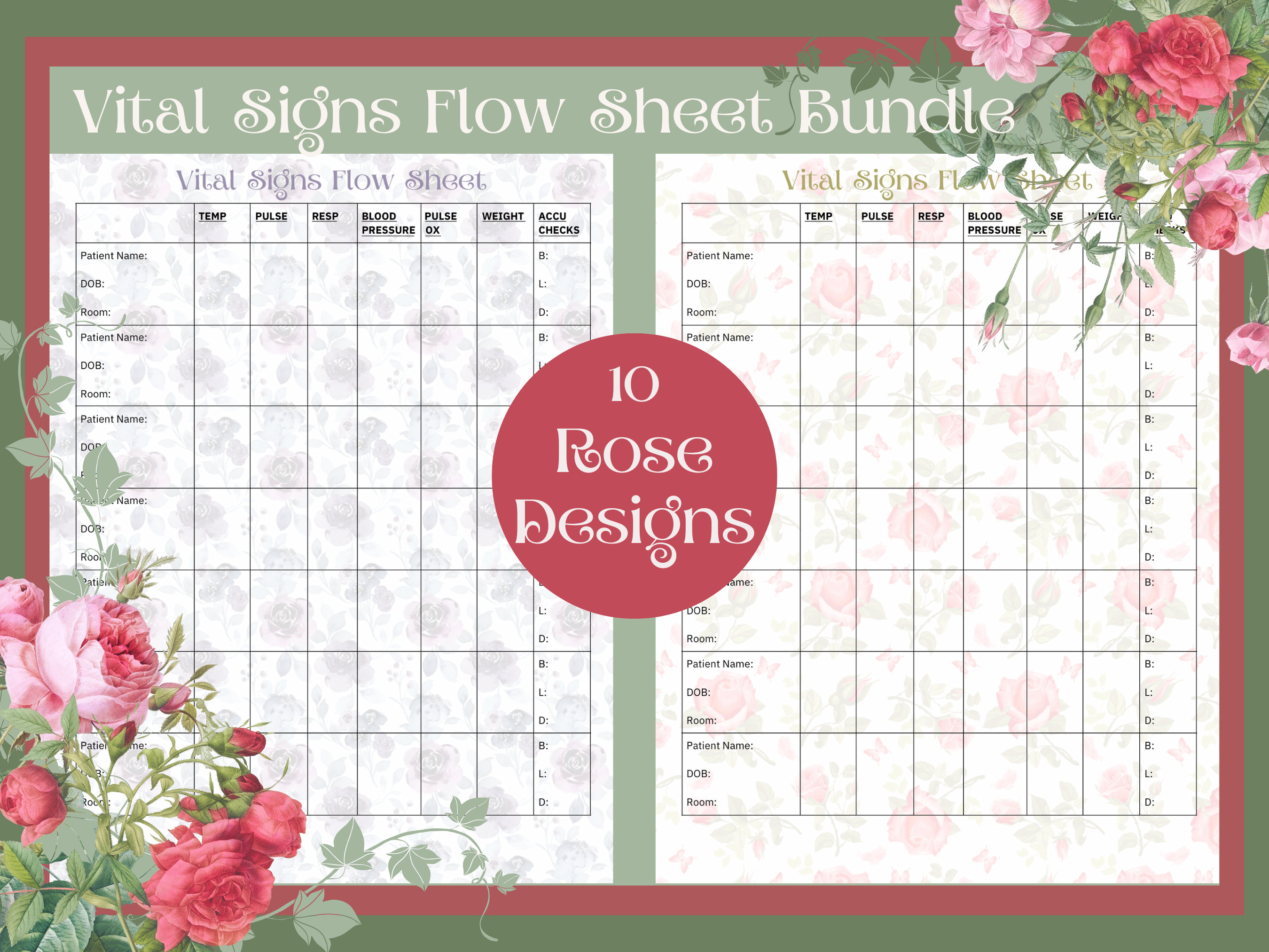 Vital Signs Flow Sheet Rose Bundle | 7 Patient | Vitals Documentation ...