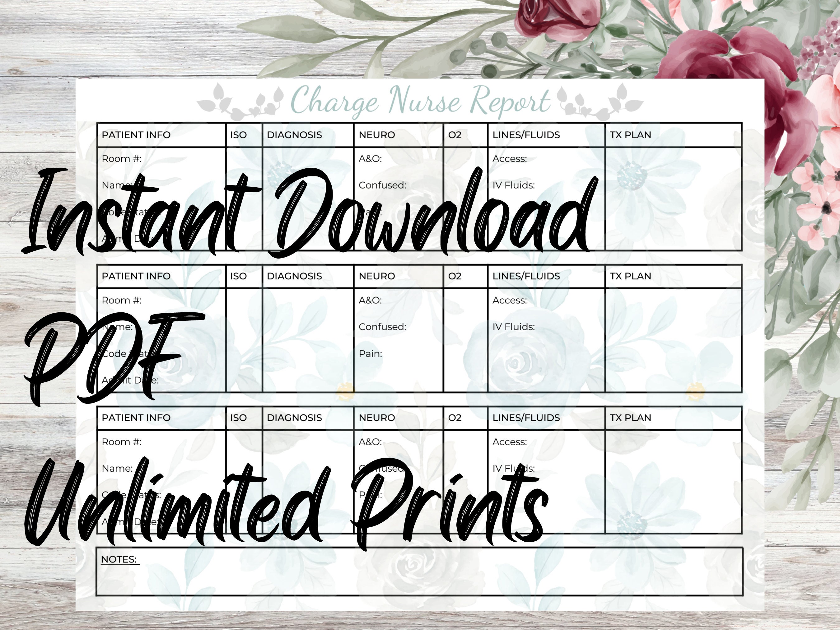 Charge Nurse Report Sheet | Blue Floral Nurse Report | Nurse Brain ...
