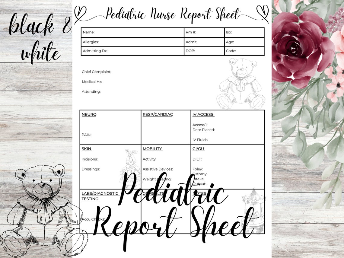Pediatric Report Sheet teddy Bear Nurse Report nurse Brain - Etsy