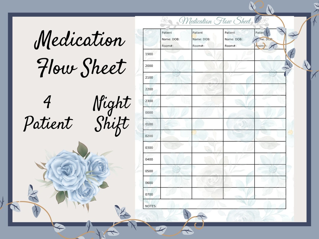 Medication Flow Sheet | Night Shift | 4 Patient | Blue Floral Med ...