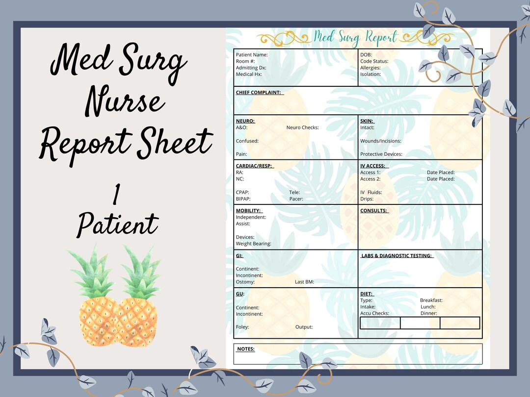 Med Surg Report Sheet | Colorful Pineapple Nurse Report | Nurse Brain | Nurse Printable Template ...