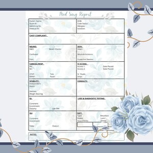 Blue Floral Med Surg Nurse Report Sheet | Printable Template (digital ...
