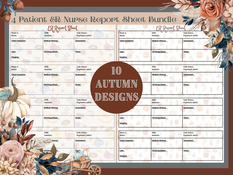 4 Patient ER Nurse Report Sheet Bundle Autumn Nurse Report Nurse Brain ...