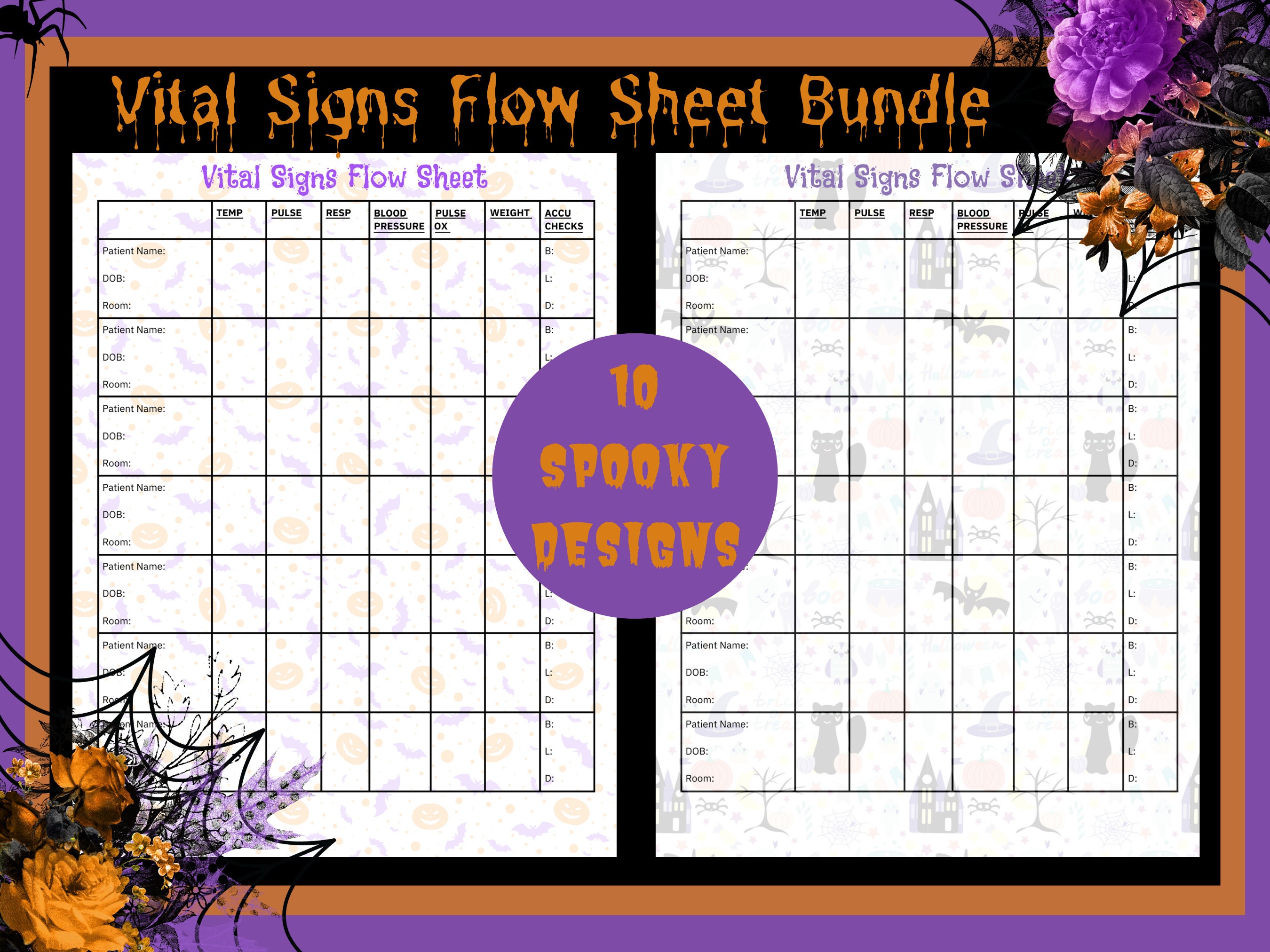 Vital Signs Flow Sheet Halloween Bundle | 7 Patient | Vitals ...