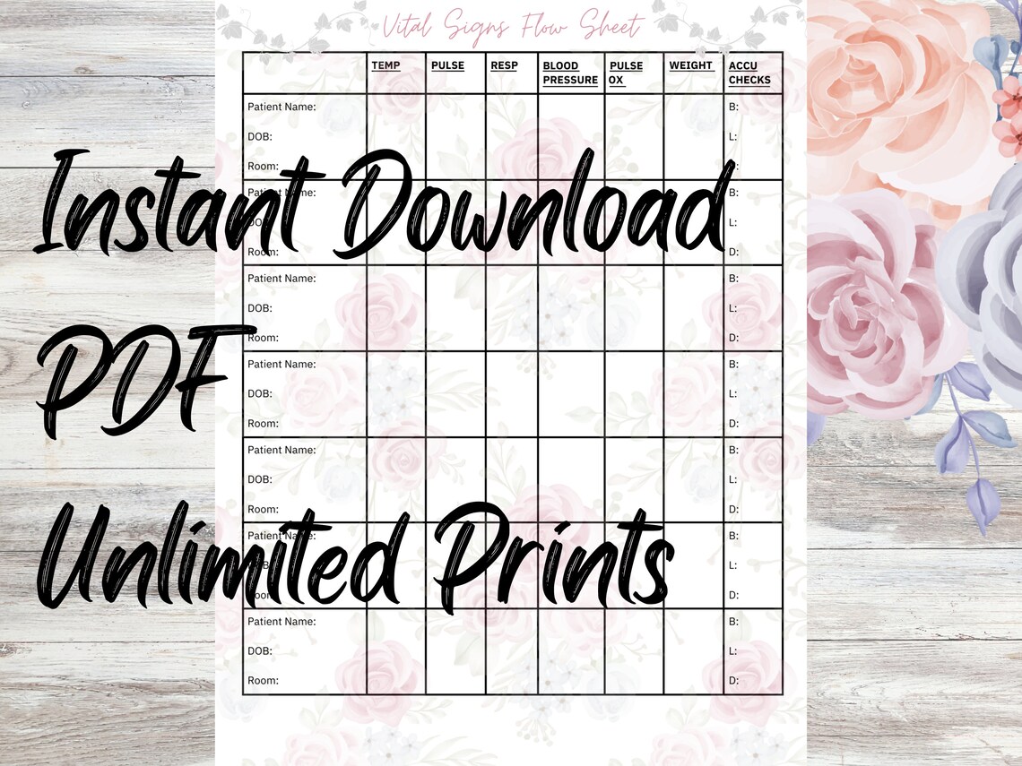 Vital Signs Flow Sheet | 7 Patient | Pink Rose Vitals Documentation ...