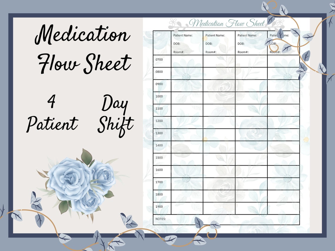 Medication Flow Sheet Day Shift 4 Patient Blue Floral Med Documentation ...
