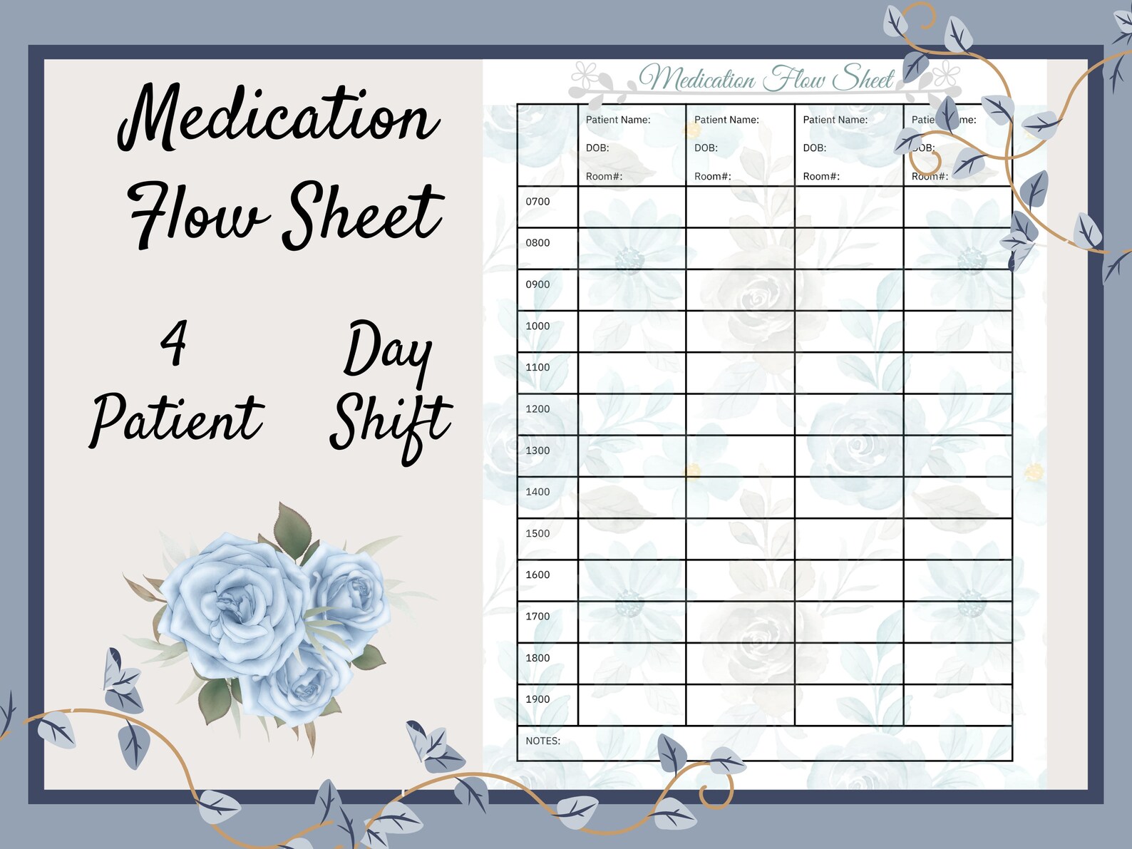 Medication Flow Sheet | Day Shift | 4 Patient | Blue Floral Med ...