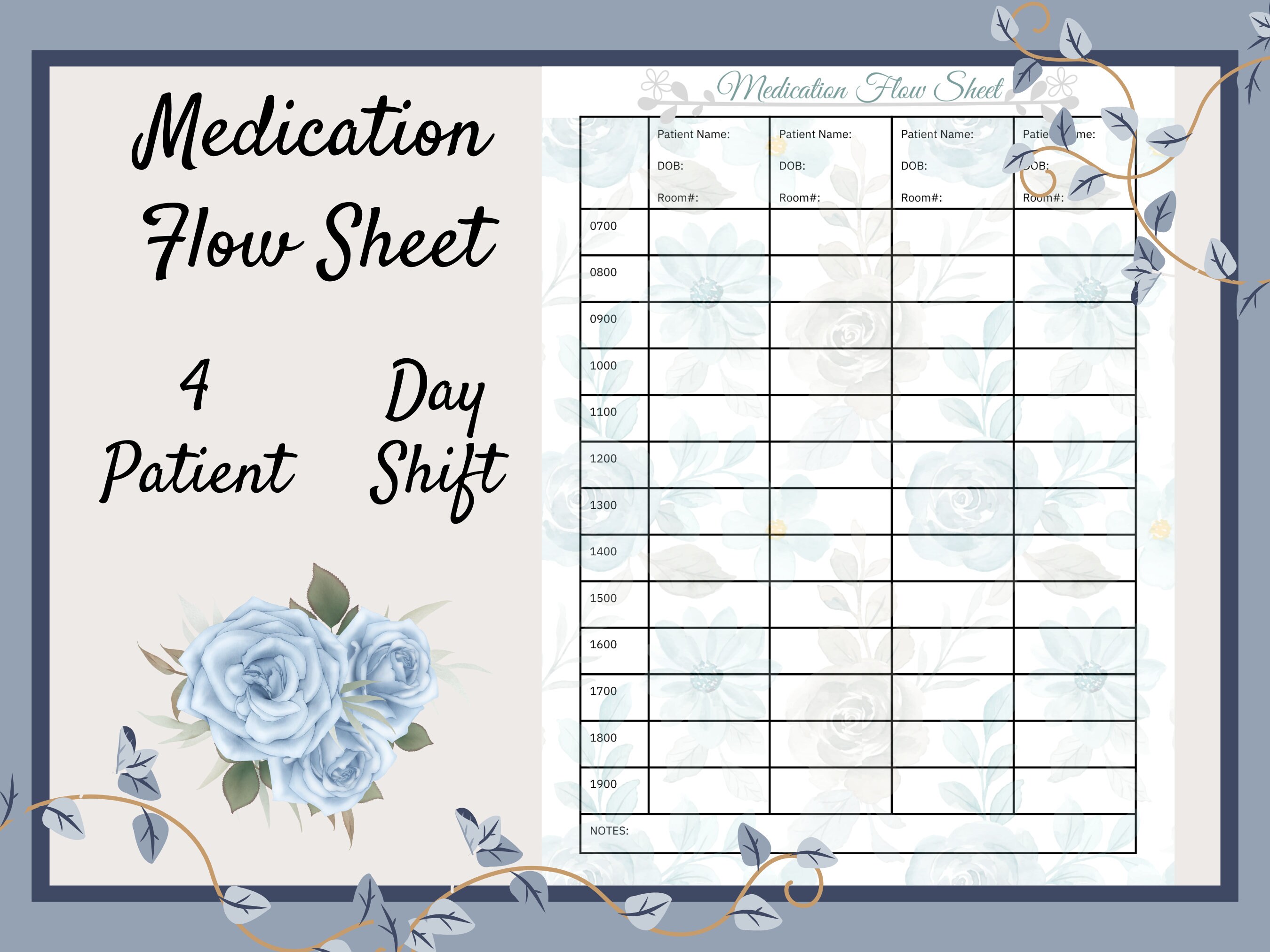 Medication Flow Sheet | Day Shift | 4 Patient | Blue Floral Med ...