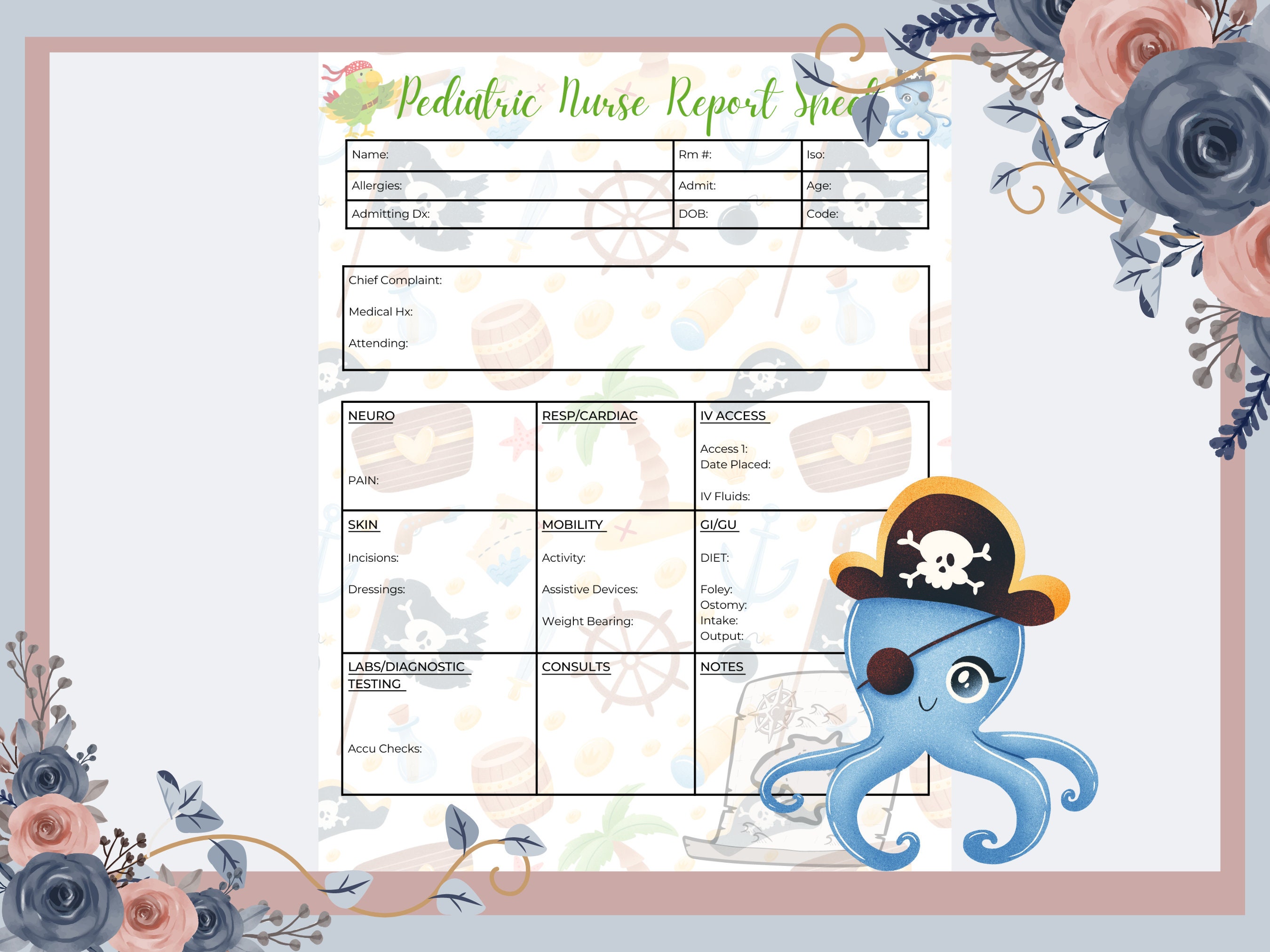 Pediatric Report Sheet |pirate Nurse Report |nurse Brain| Pediatric ...