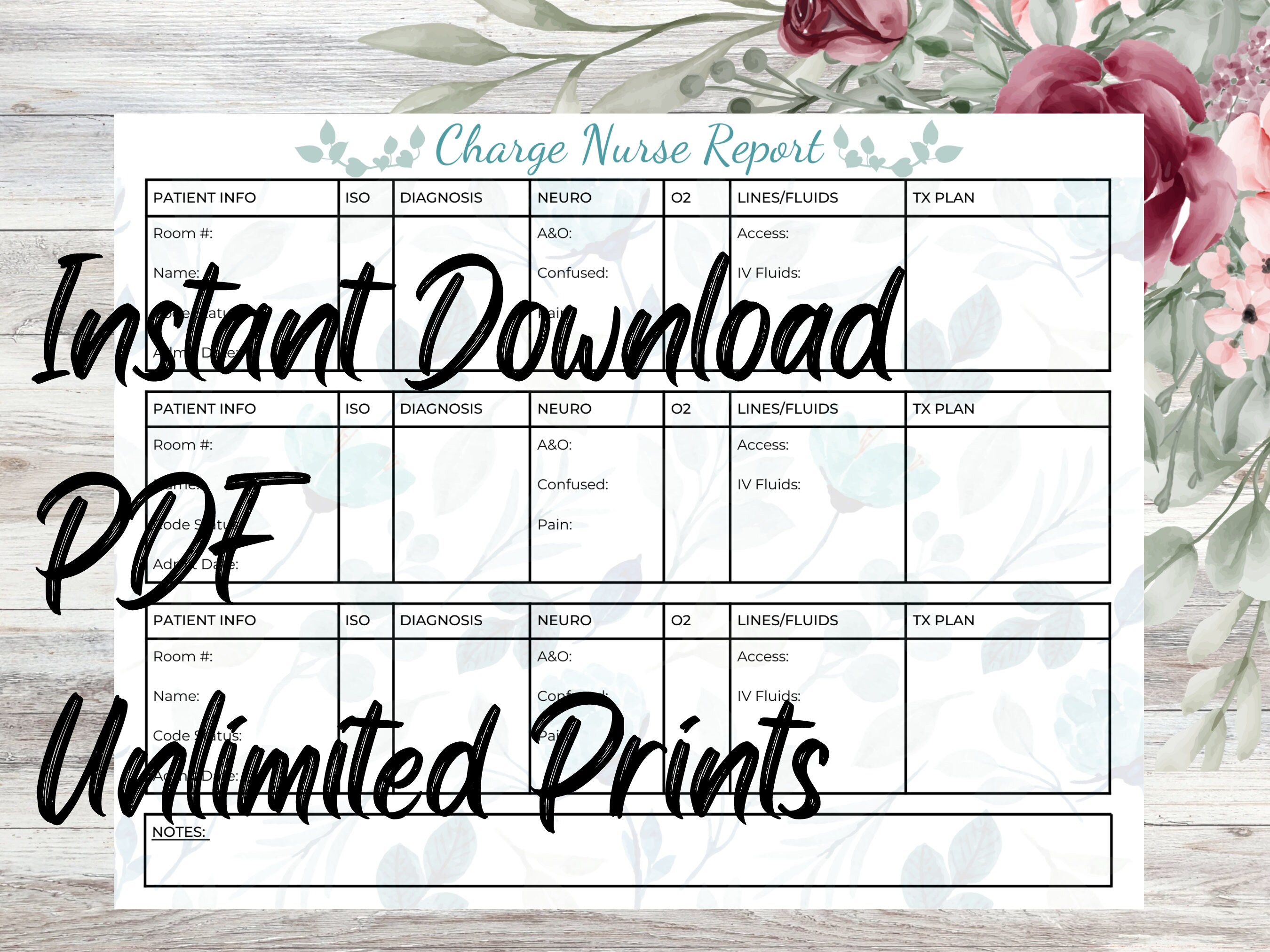Charge Nurse Report Sheet | Teal Floral Nurse Report | Nurse Brain ...