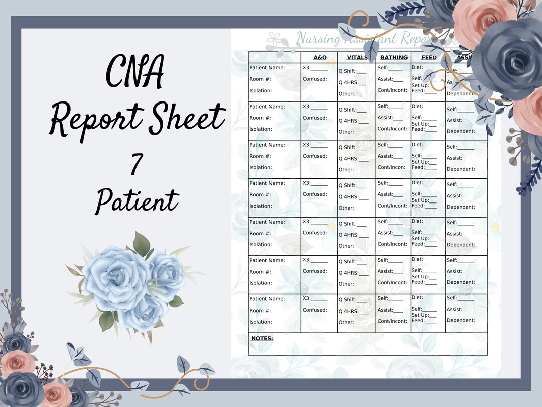 Blue Floral CNA Report Sheet | Nursing Assistant Printable (digital ...