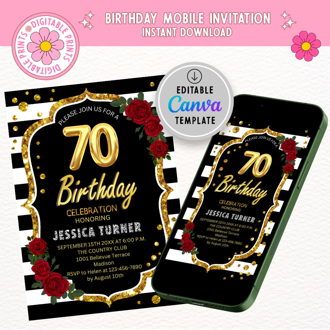 70th Birthday Invitation INSTANT DOWNLOAD Digital Template. ANY Age ...