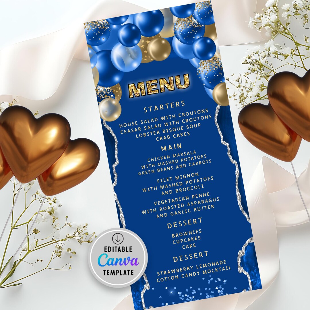 Editable Royal Blue Menu Card Template, Royal Blue & Silver Glitter ...