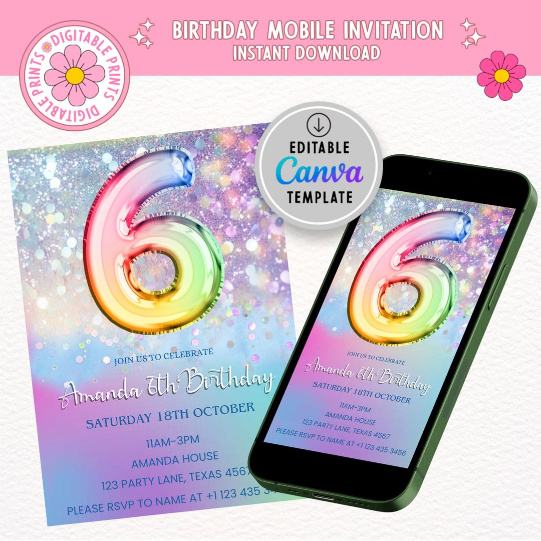 Editable Rainbow Glitter 6th Birthday Invitation Template 6th Birthday ...