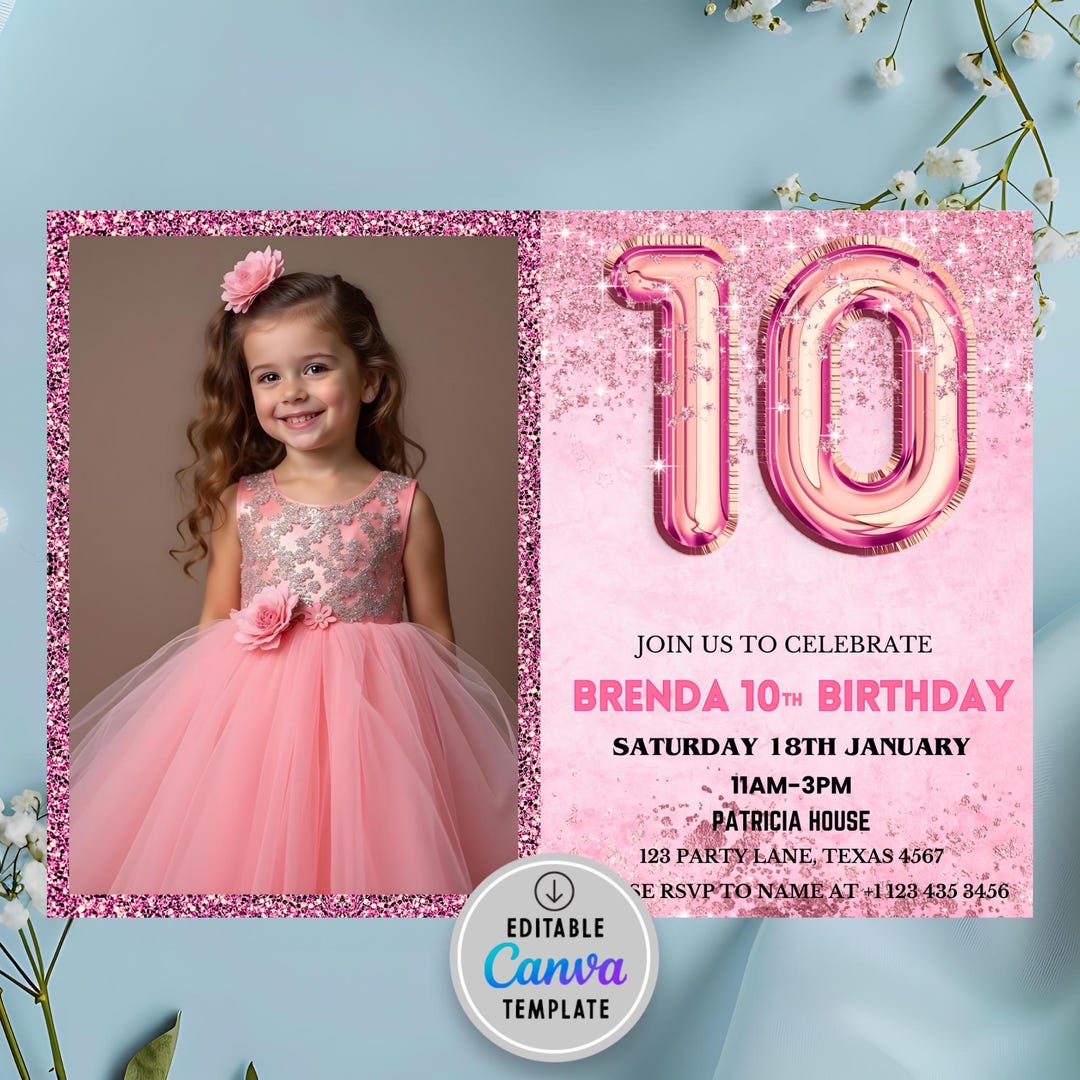 Pink 10th Birthday Invitation, Girl Glitter Birthday Invite, Girl 10th ...
