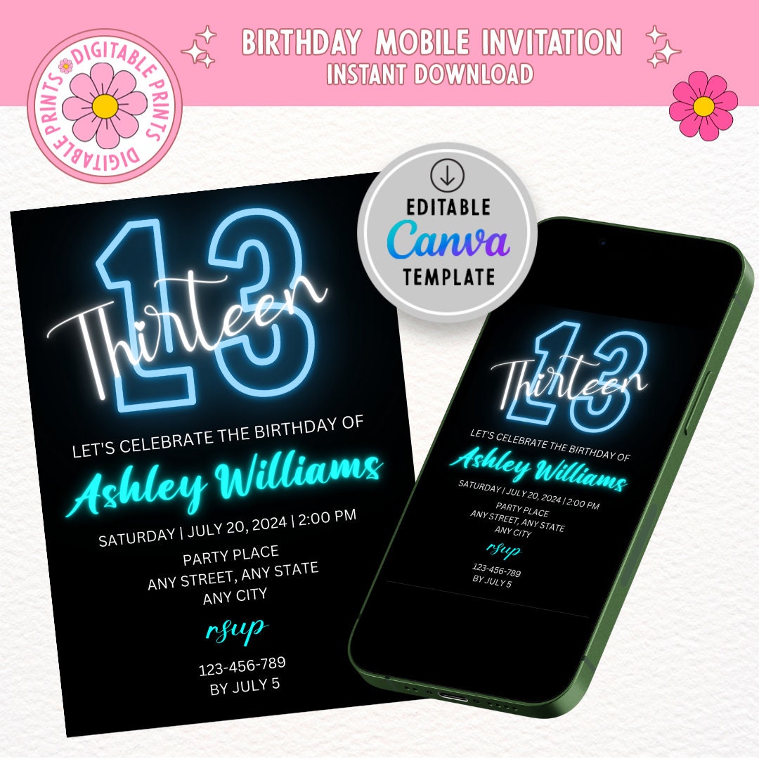13th Birthday Invitation, Blue Color Digital Invitation, Text Party ...