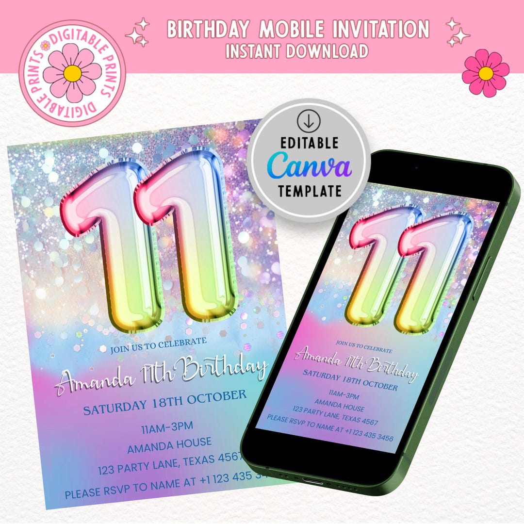 Editable 11th Birthday Invitation Template Rainbow Glitter Birthday ...