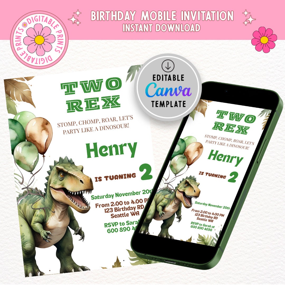 Two Rex Birthday Invitation, Dino Birthday Invite, Boy Dinosour ...