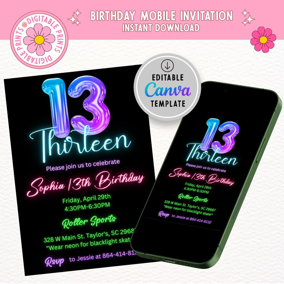 13th Birthday Invitation, Glow Party Evite, Thirteenth B Day, for Girls ...