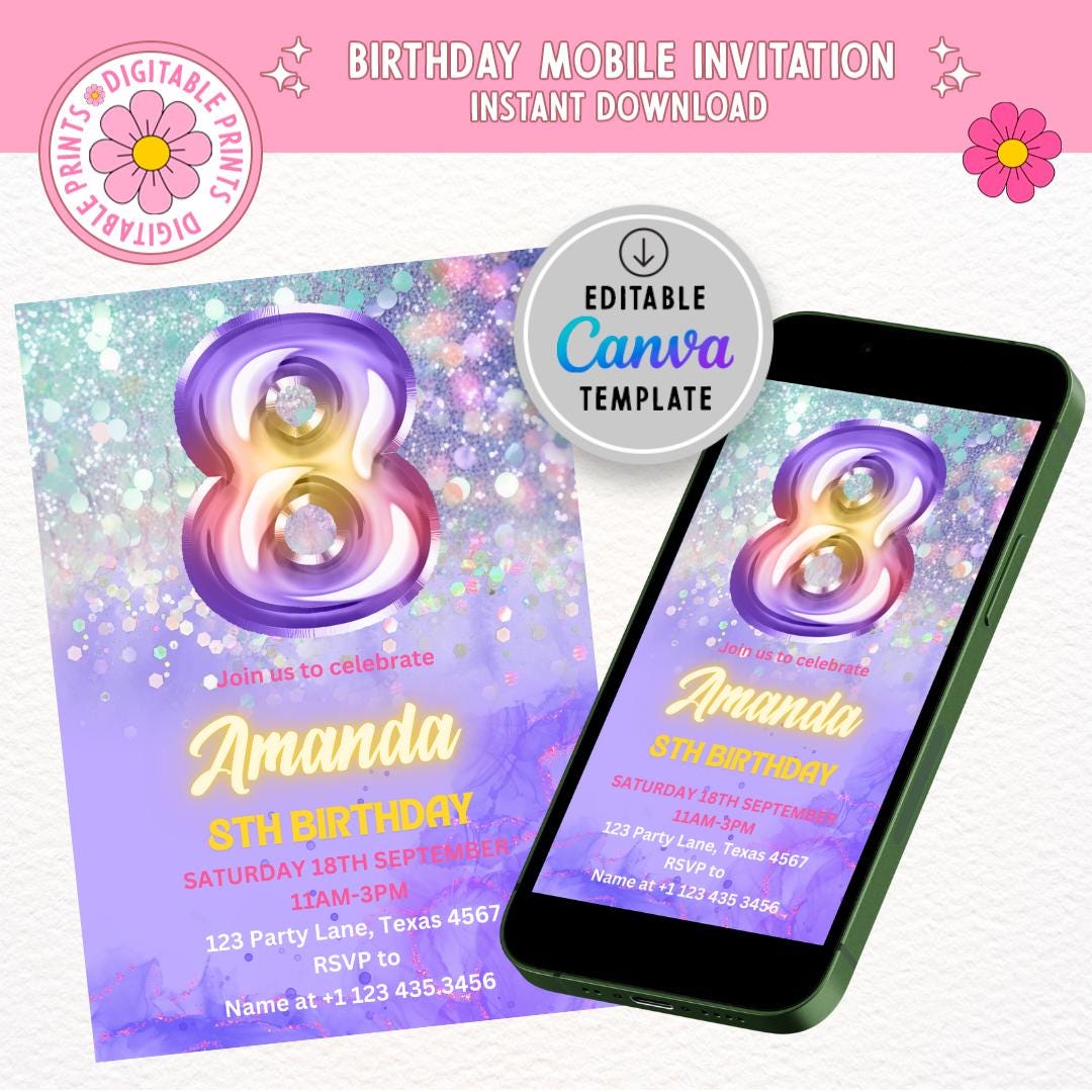 Editable 8th Birthday Invitation Template Rainbow Glitter Birthday ...
