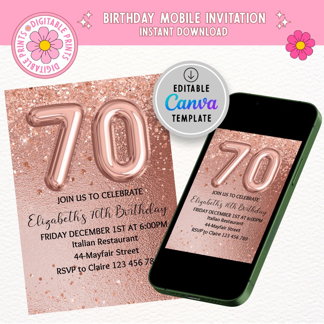 Editable 70th Birthday Invitation Rose Gold Glitter 70th Invitation