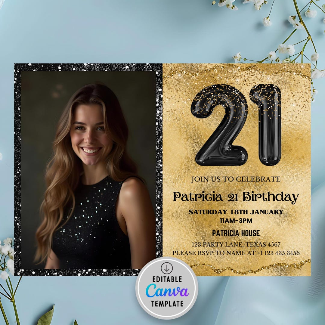Editable 21st Birthday Invitation, Rose Gold Glitter 21st Invitation ...