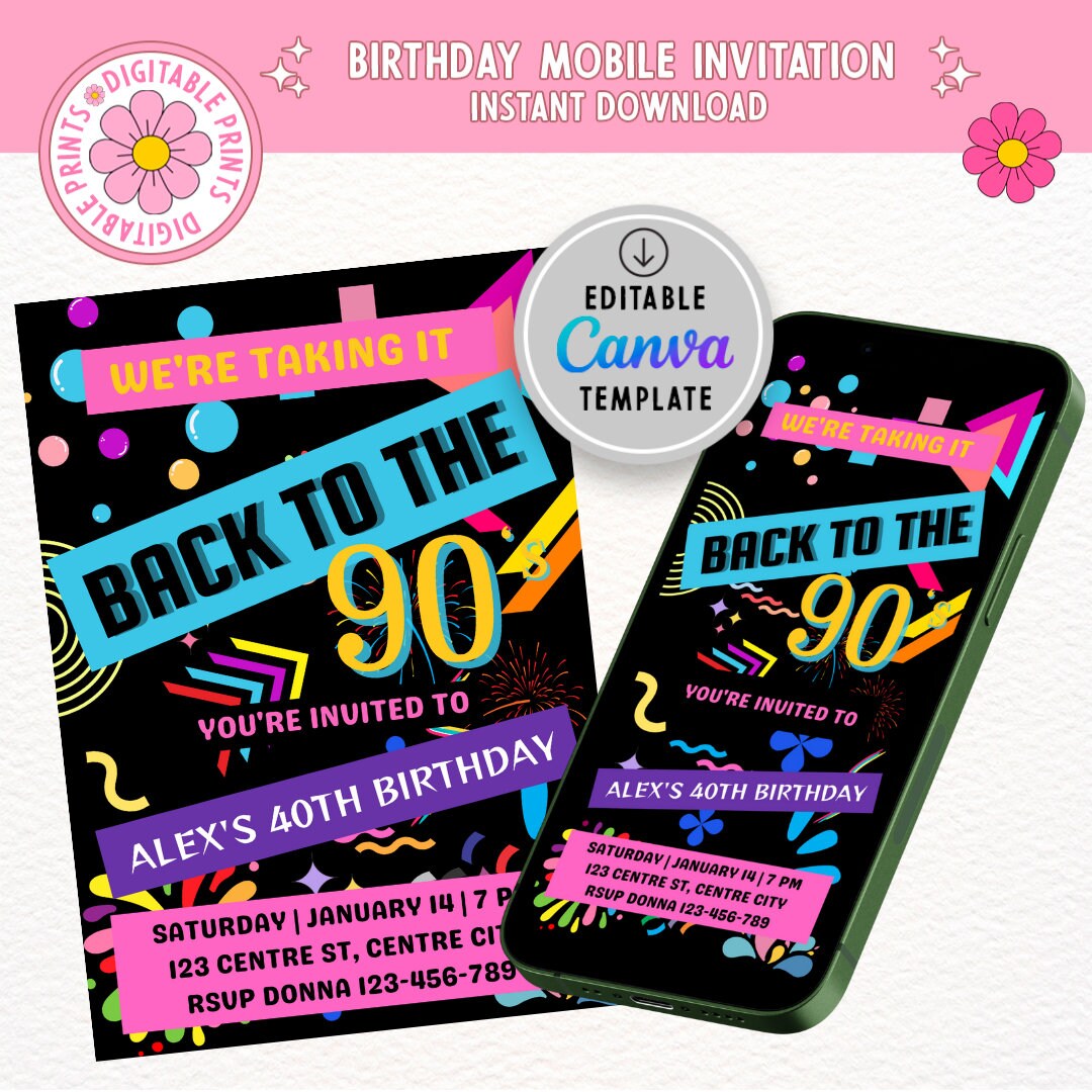90's Party Invitation Editable Retro Party Back to the 90's 90s Theme ...