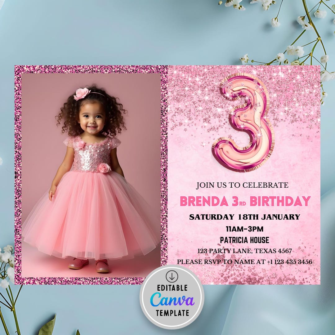 Pink 3rd Birthday Invitation, Girl Glitter Birthday Invite, Girl 3rd ...