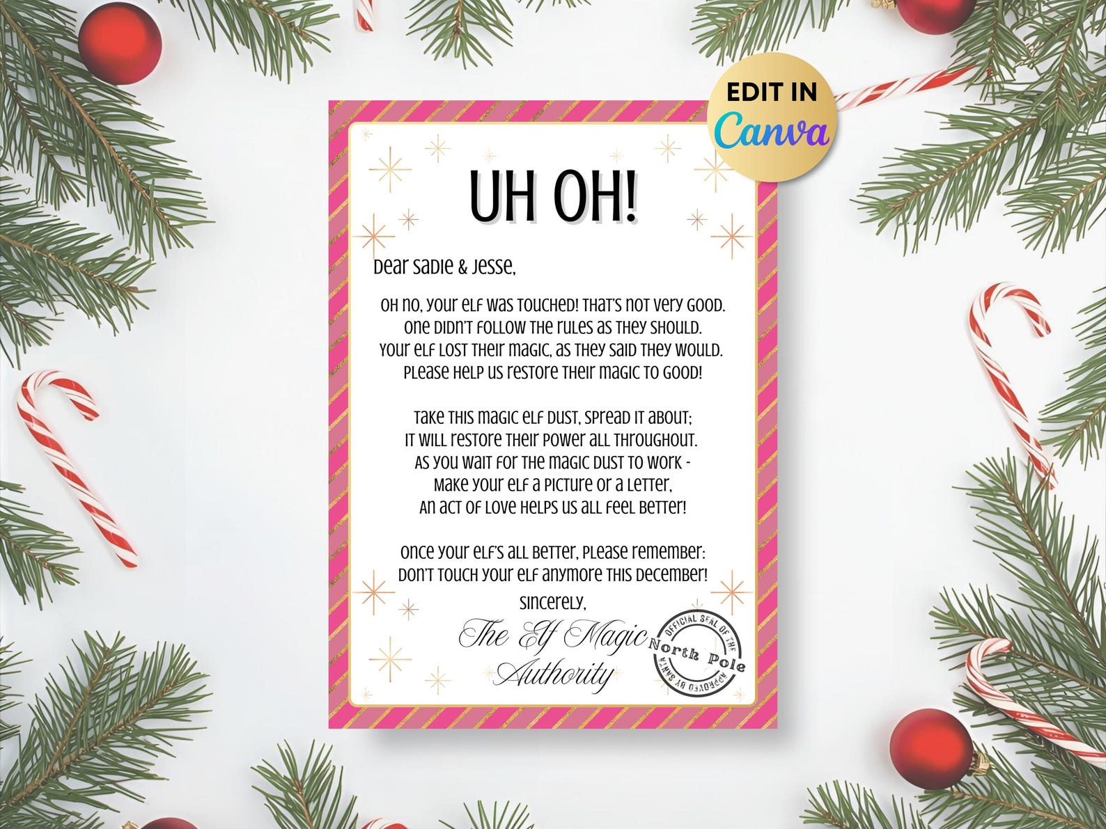 Pink Elf Was Touched Canva Template, Editable Elf Recovery Letter (PDF ...