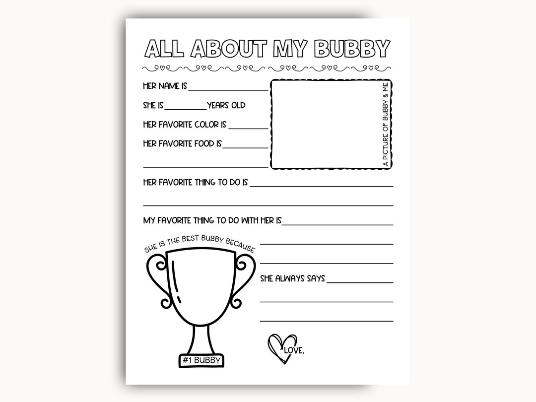 All About My Bubby Printable: Keepsake Gift From Grandkid (PDF Download) - Etsy