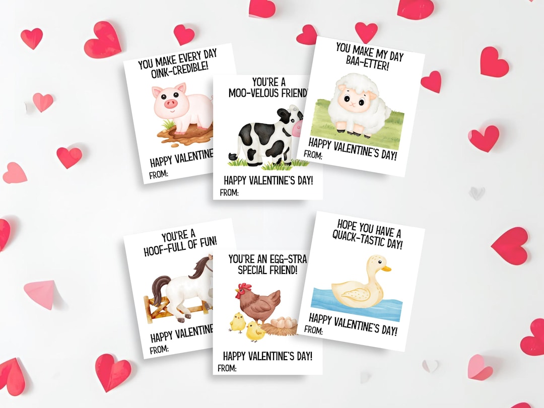 Farm Animal Valentines Printable, Kids Valentine Cards, Preschool ...